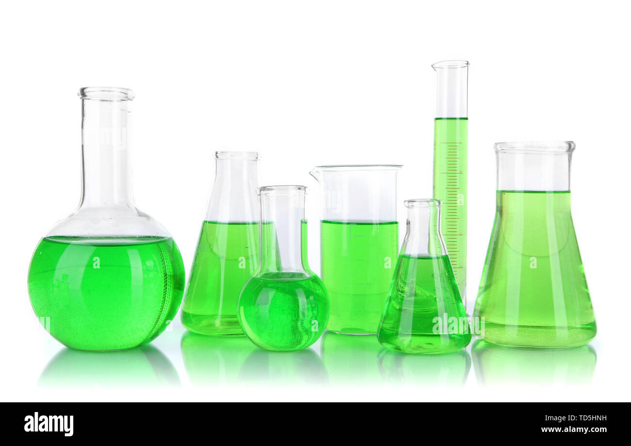 Test-tubes with green liquid isolated on white Stock Photo - Alamy