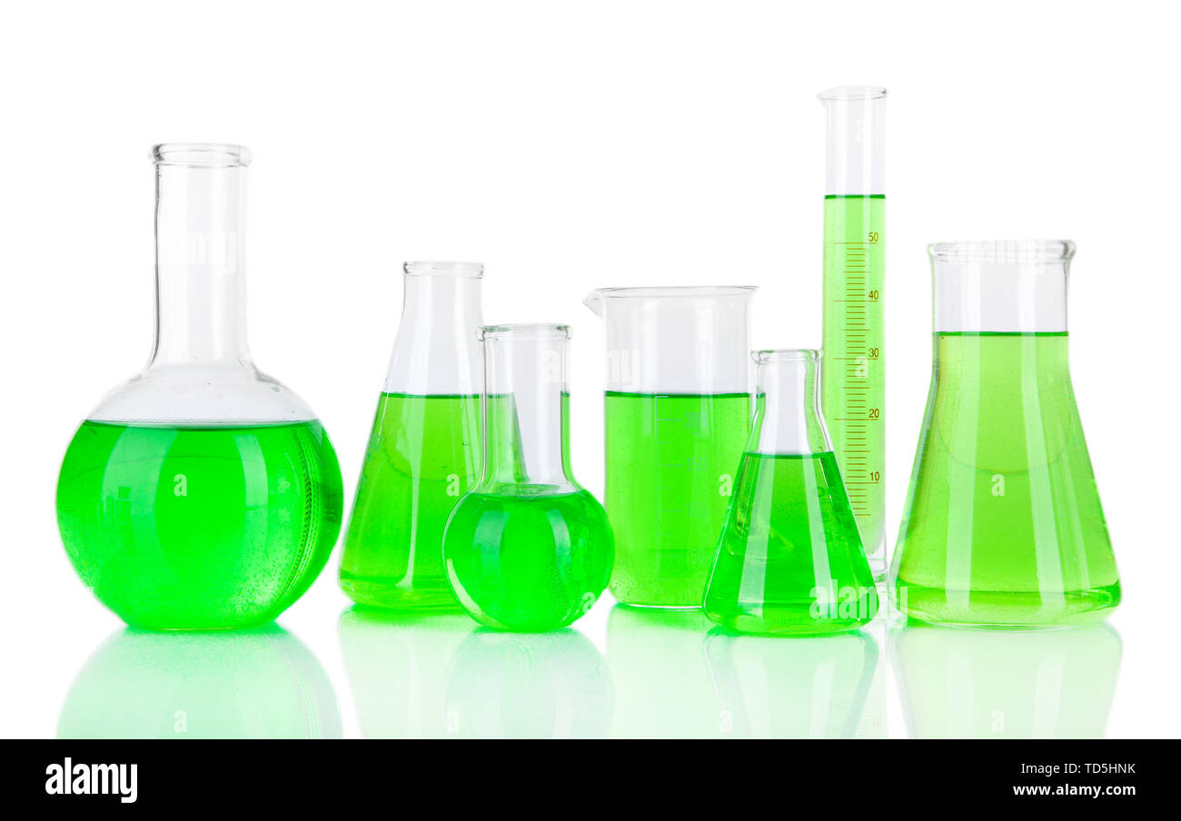 Test-tubes with green liquid isolated on white Stock Photo - Alamy
