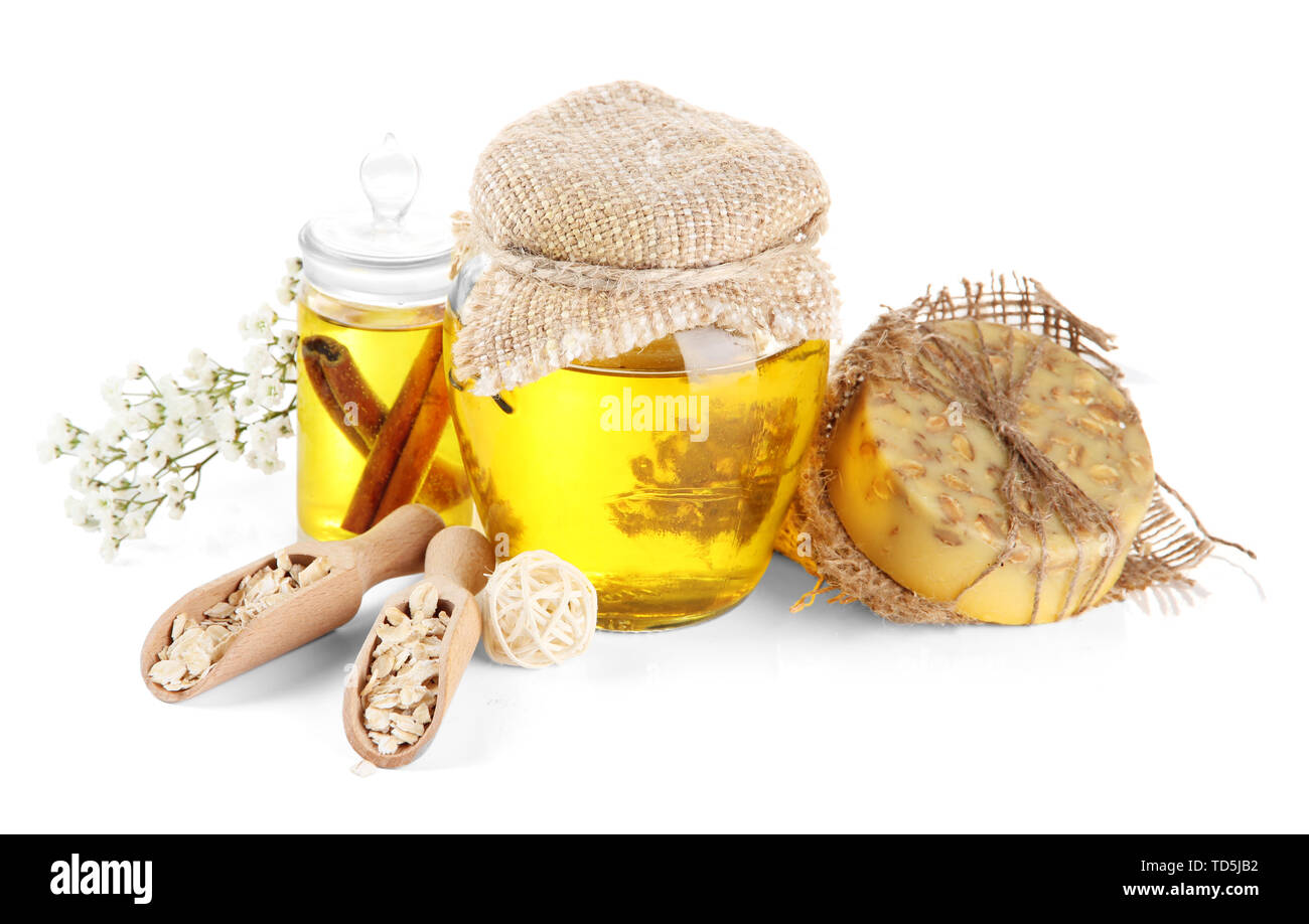 Hand made soap and ingredients for soap making, isolated on white Stock ...