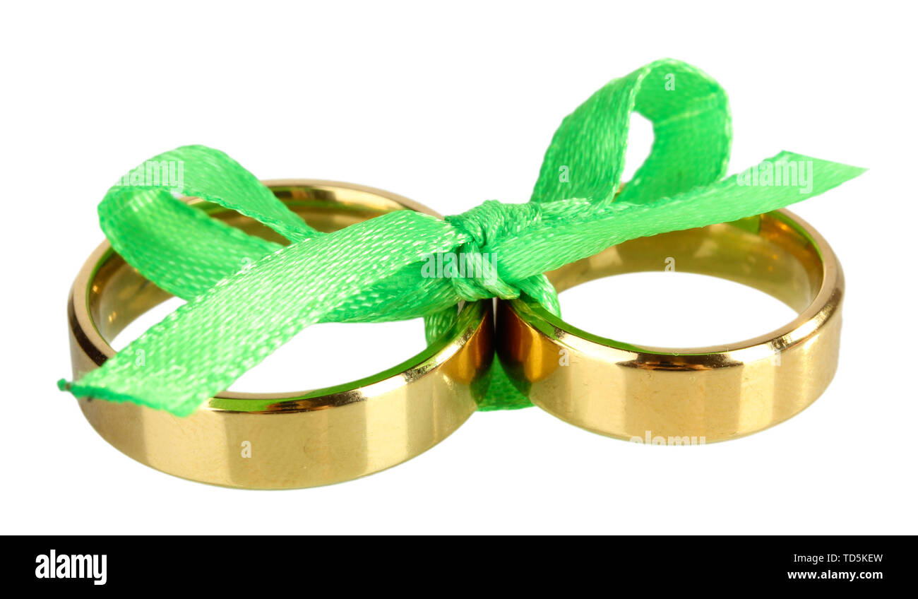 Wedding rings tied with ribbon isolated on white Stock Photo - Alamy