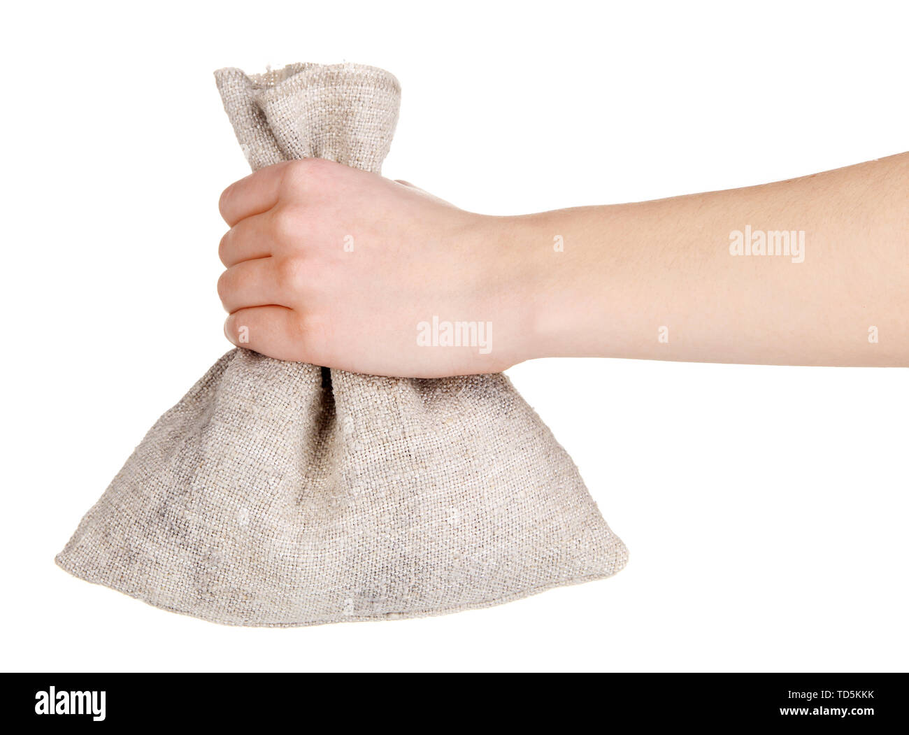 Small sack in hand, isolated on white Stock Photo - Alamy