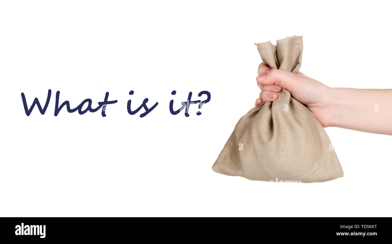 Small sack in hand, isolated on white Stock Photo - Alamy