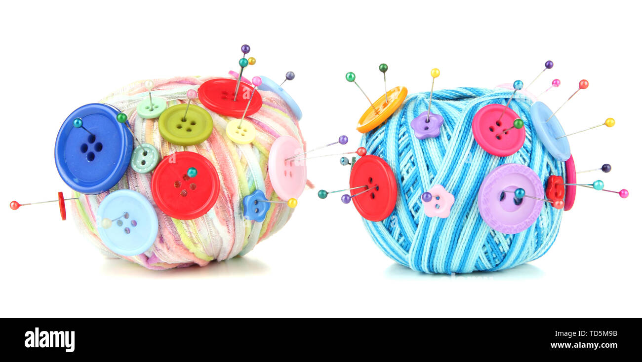 Colorful buttons and wool balls, isolated on white Stock Photo - Alamy