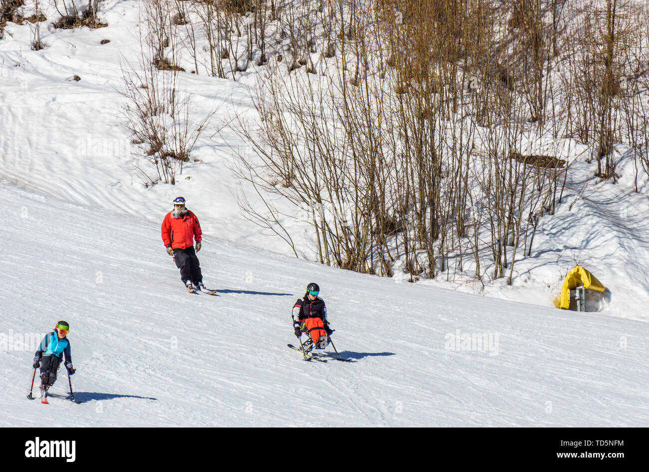 KIMBERLEY, CANADA - MARCH 22, 2019: handicapped person riding a sit ...