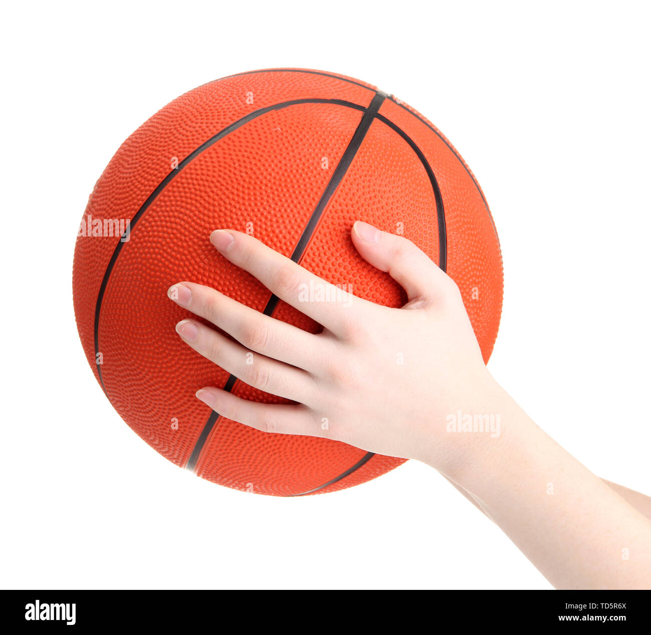 Basketball in woman hand isolated on white Stock Photo - Alamy