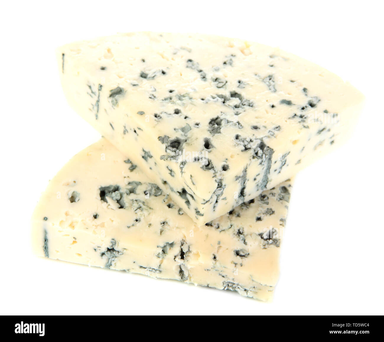 Two pieces of blue cheese isolated on white Stock Photo - Alamy