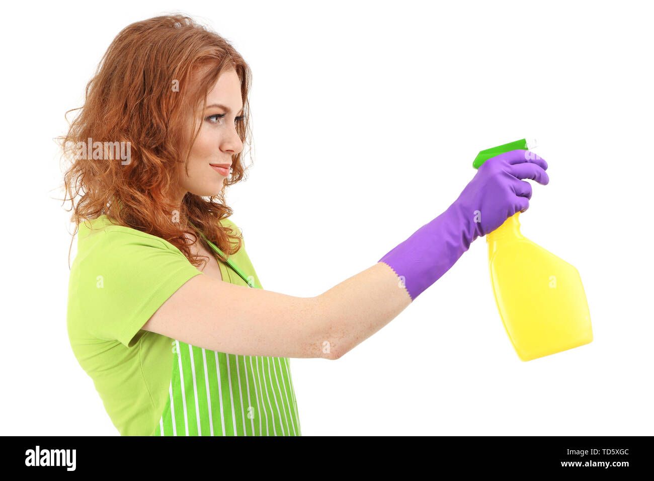 Young woman holding sprayer, isolated on white Stock Photo - Alamy