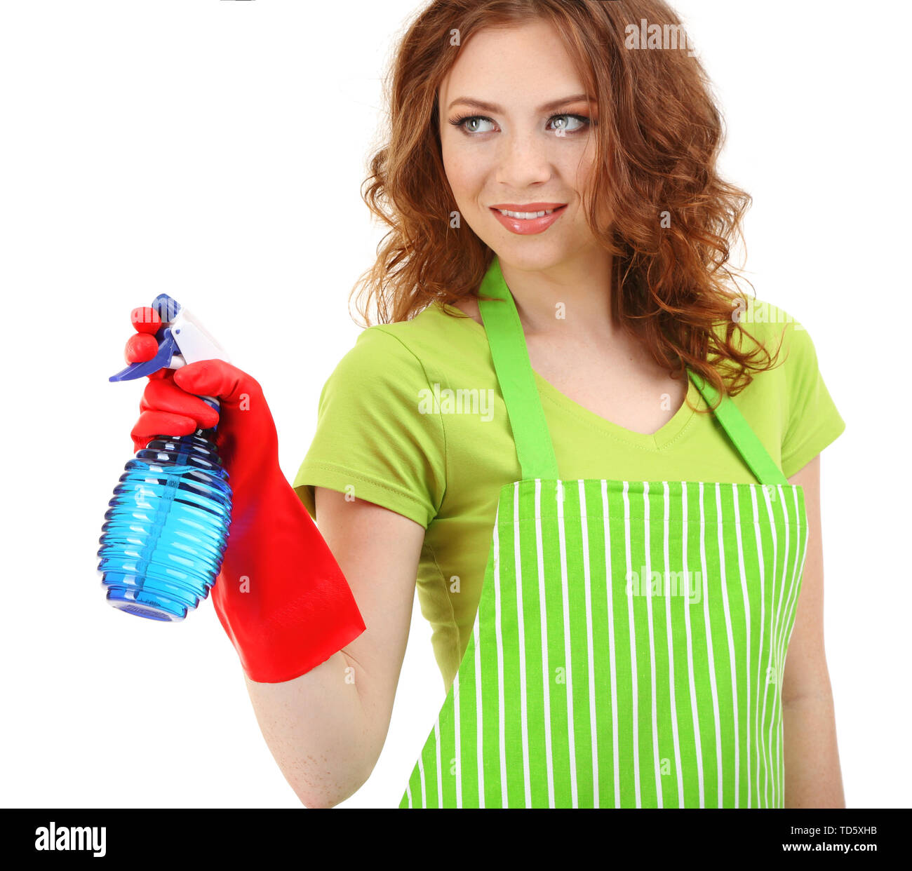 Young woman holding sprayer, isolated on white Stock Photo - Alamy