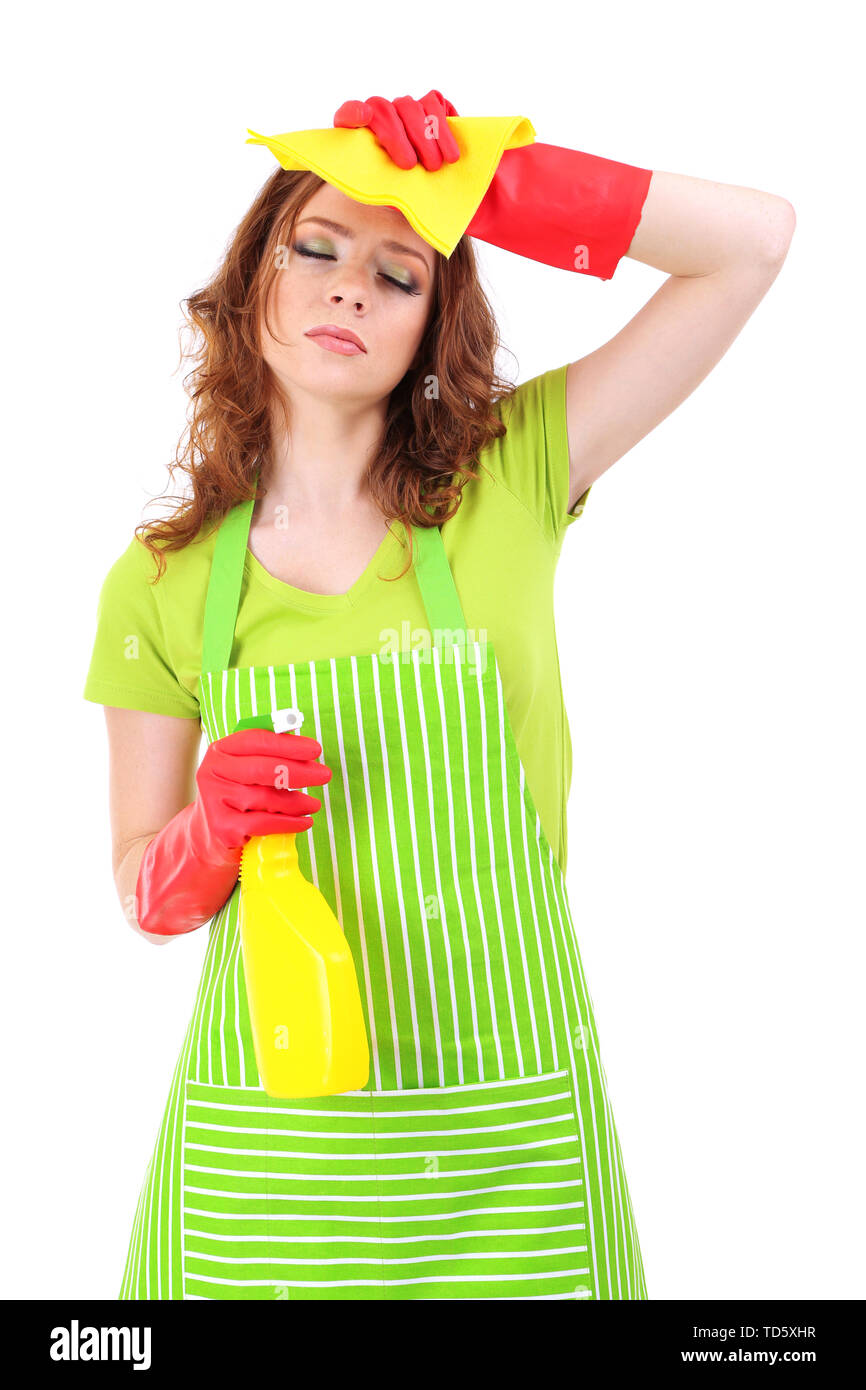 Tired young woman holding sprayer, isolated on white Stock Photo - Alamy