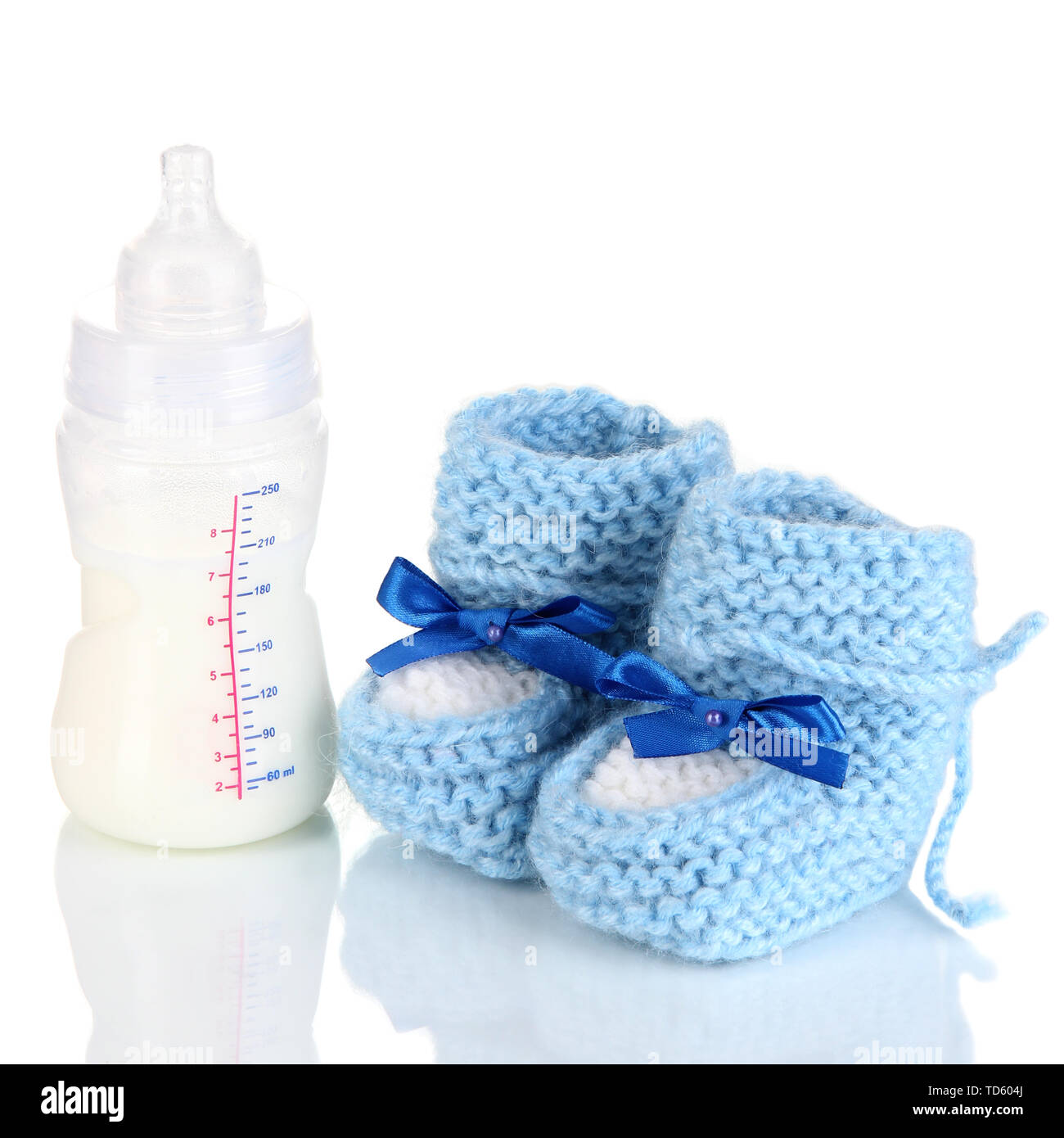 Bottle for milk formula with booties isolated on white Stock Photo - Alamy