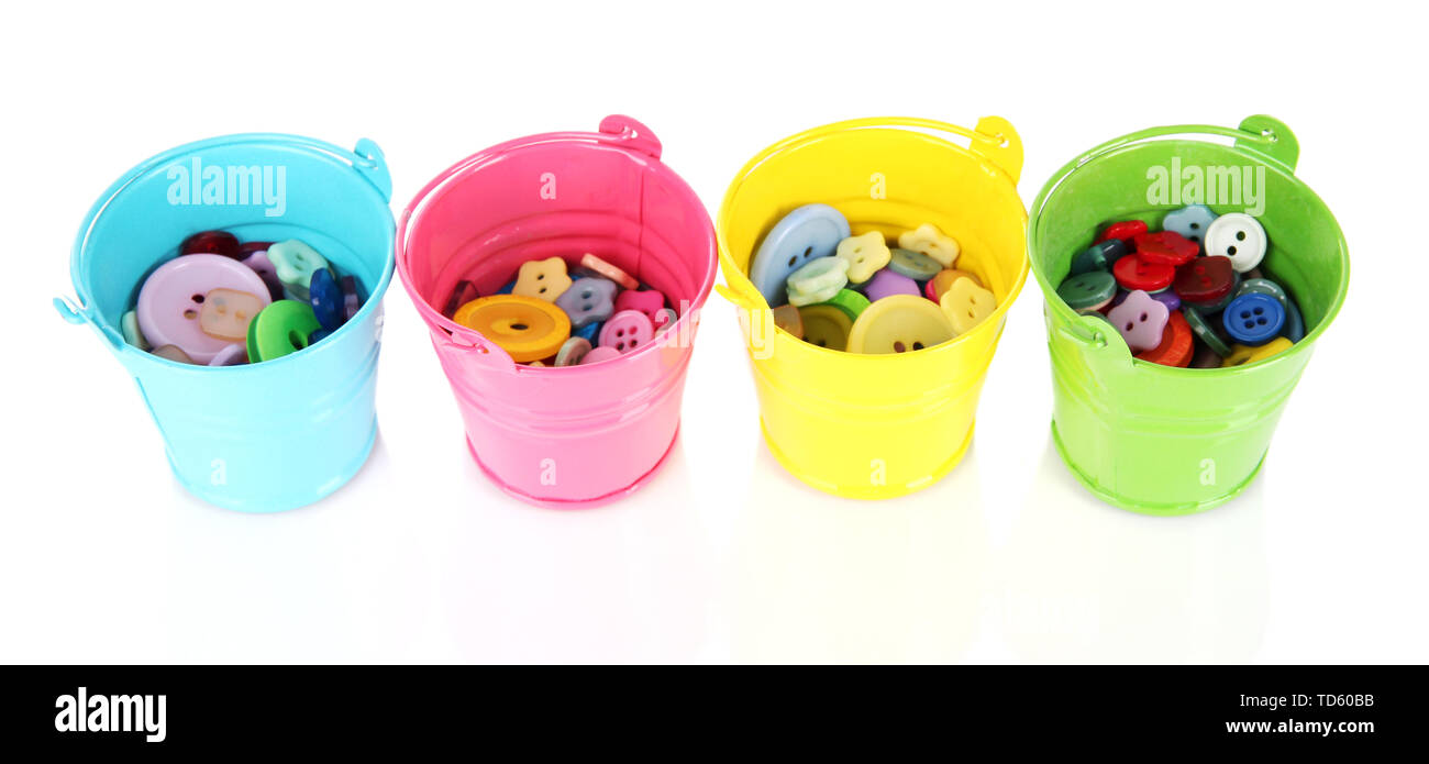 Colorful buttons in buckets isolated on white Stock Photo - Alamy
