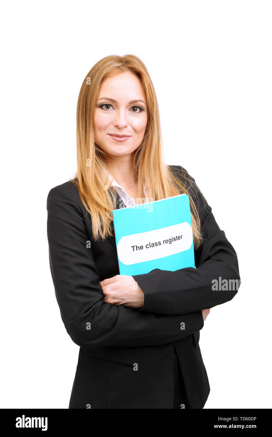 Portrait of teacher woman with class register, isolated on white Stock ...