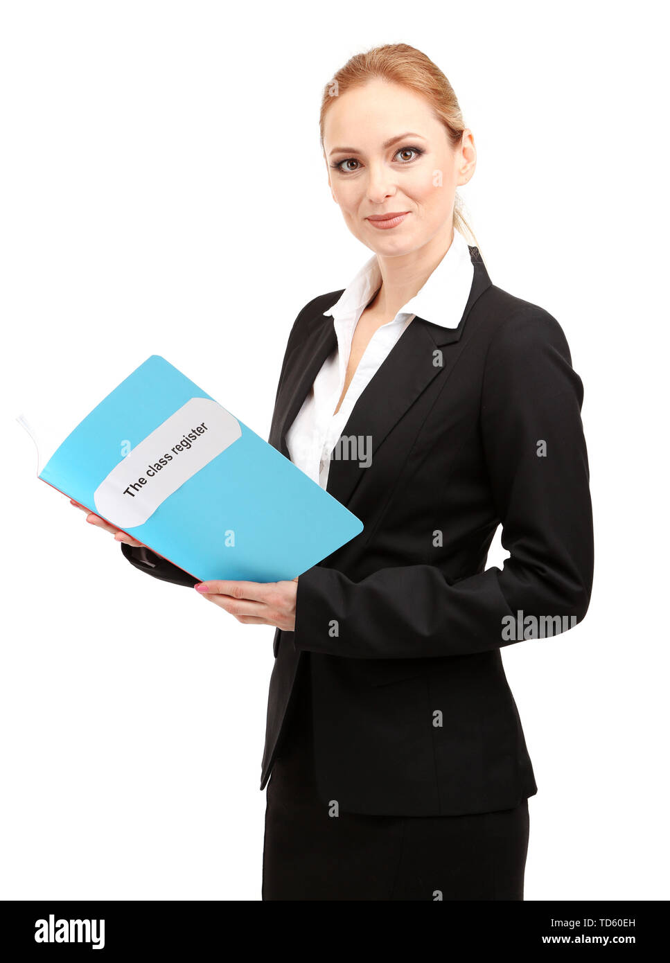 Portrait of teacher woman with class register, isolated on white Stock ...