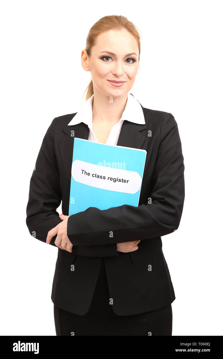 Portrait of teacher woman with class register, isolated on white Stock ...
