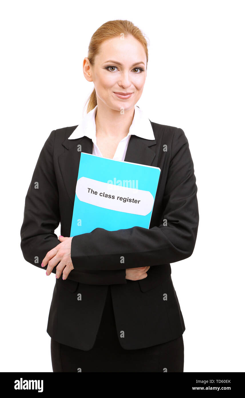 Portrait of teacher woman with class register, isolated on white Stock ...