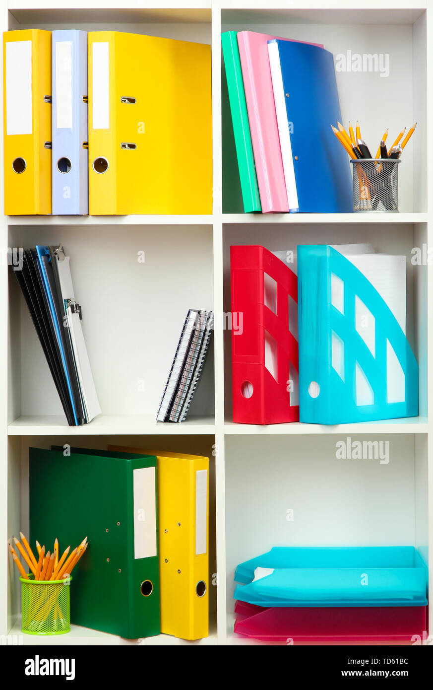 White office shelves with different stationery, close up Stock Photo ...