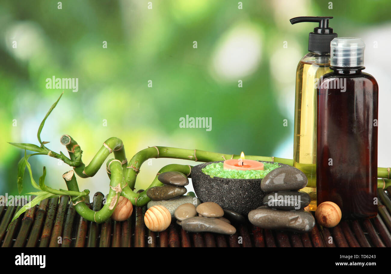Still life with green bamboo plant and stones, on bamboo mat, on bright ...