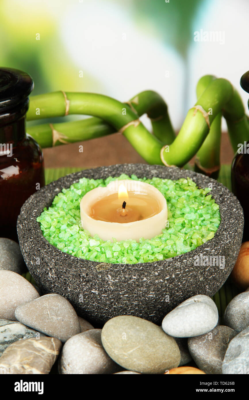 Still life with green bamboo plant and stones, on bamboo mat, on bright ...