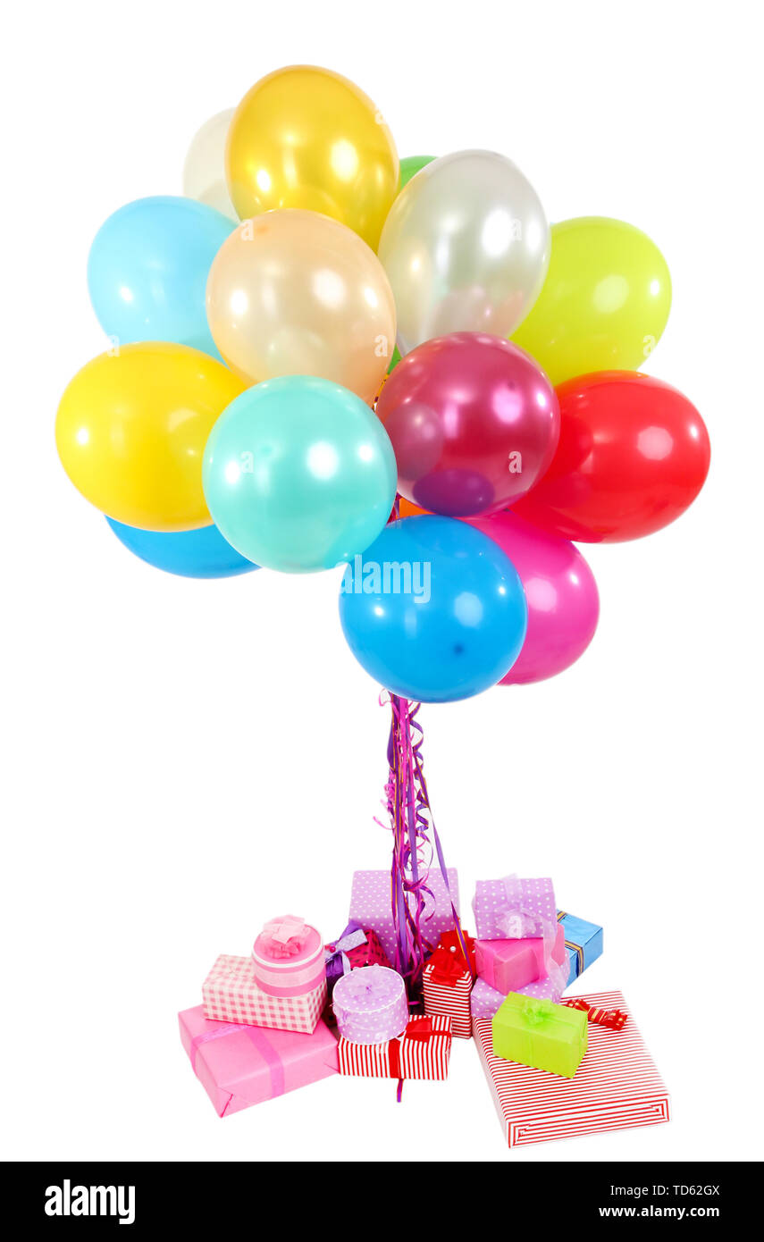 Many bright balloons and many gifts isolated on white Stock Photo - Alamy