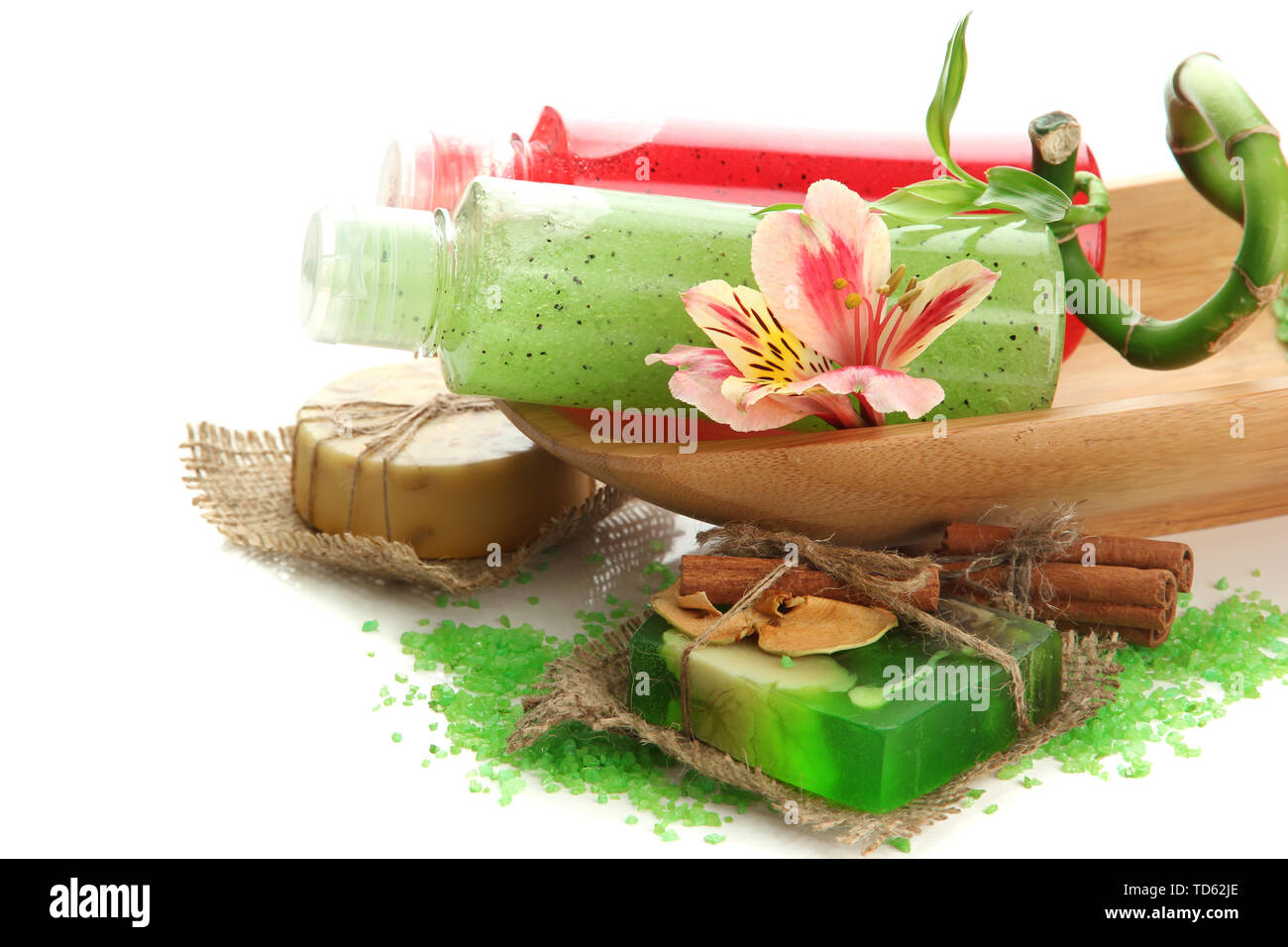 Bottles with scrub and hand-made soap, isolated on white Stock Photo ...