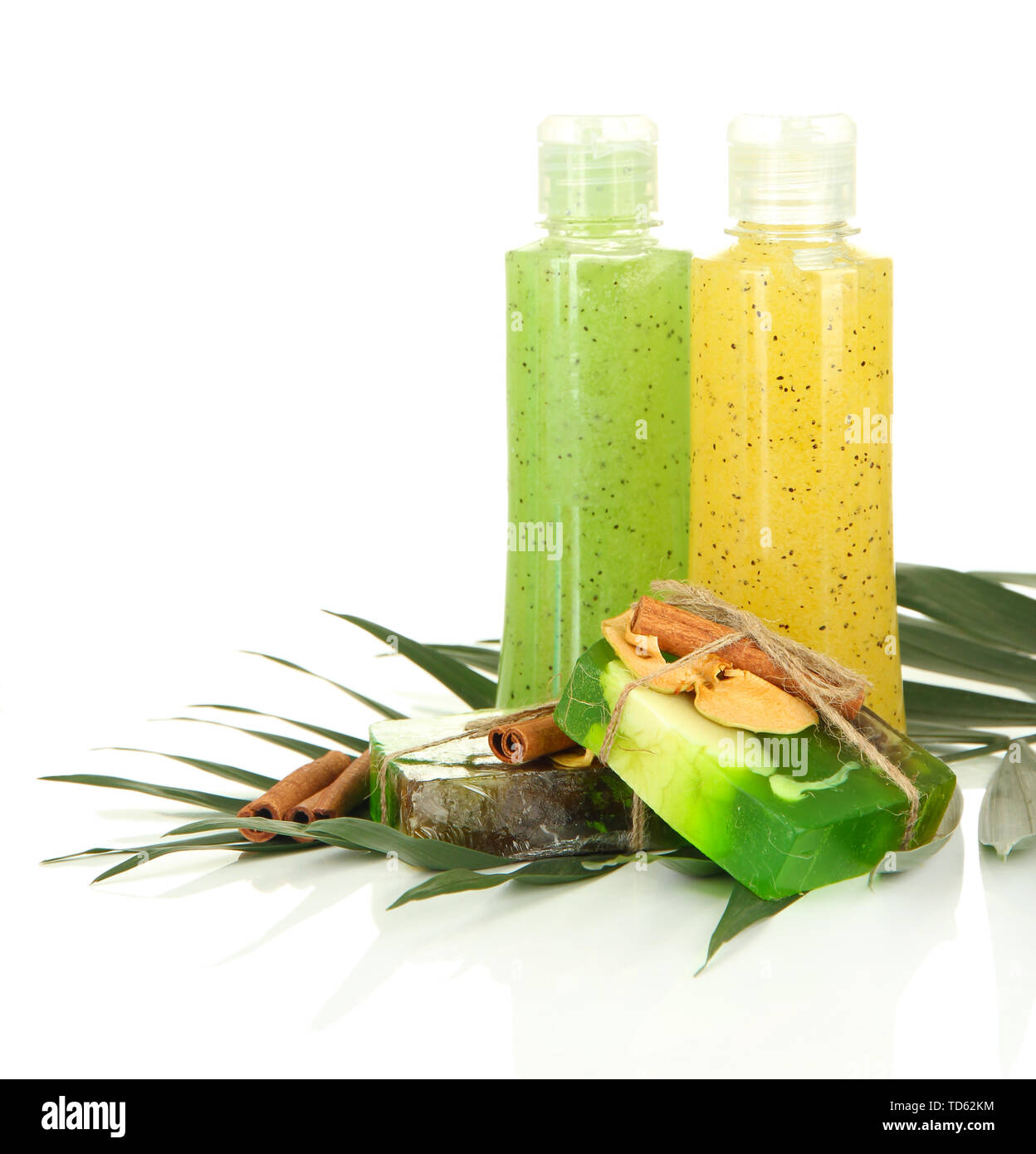 Bottles with scrub and hand-made soap, isolated on white Stock Photo ...
