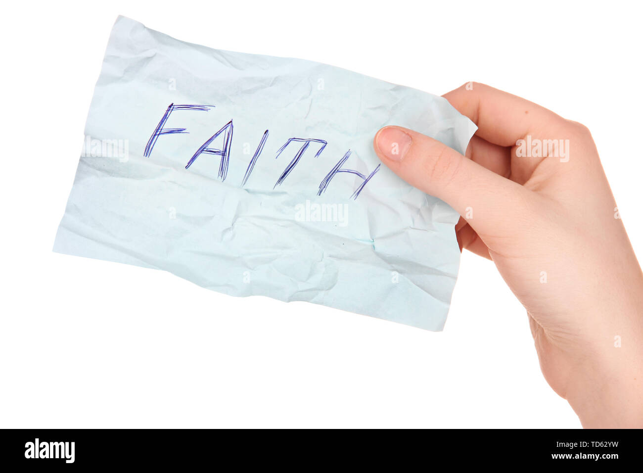 Faith word on piece paper in hand isolated on white Stock Photo - Alamy