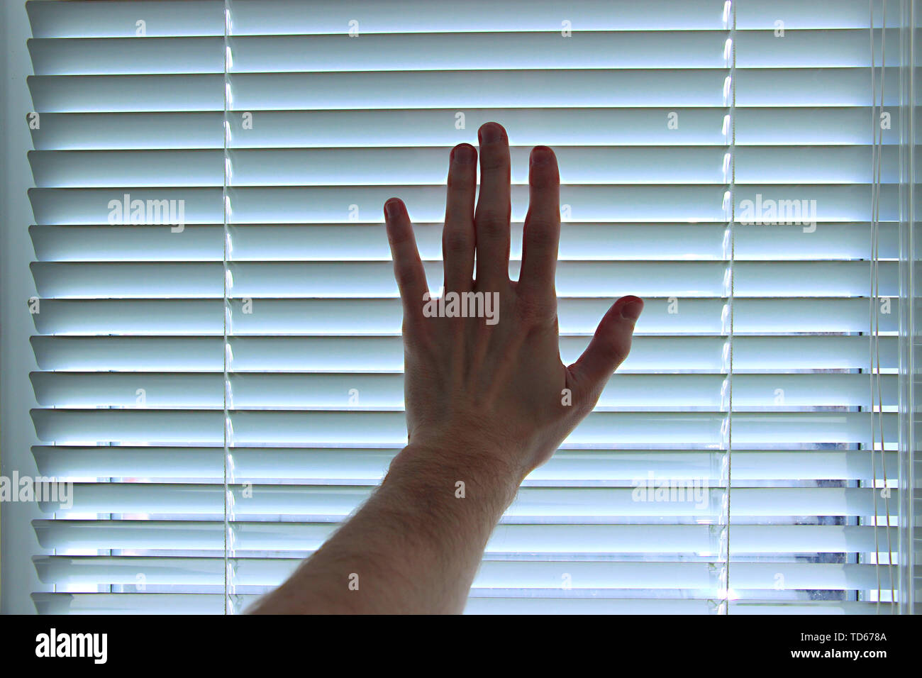 Hand on white blinds background Stock Photo - Alamy