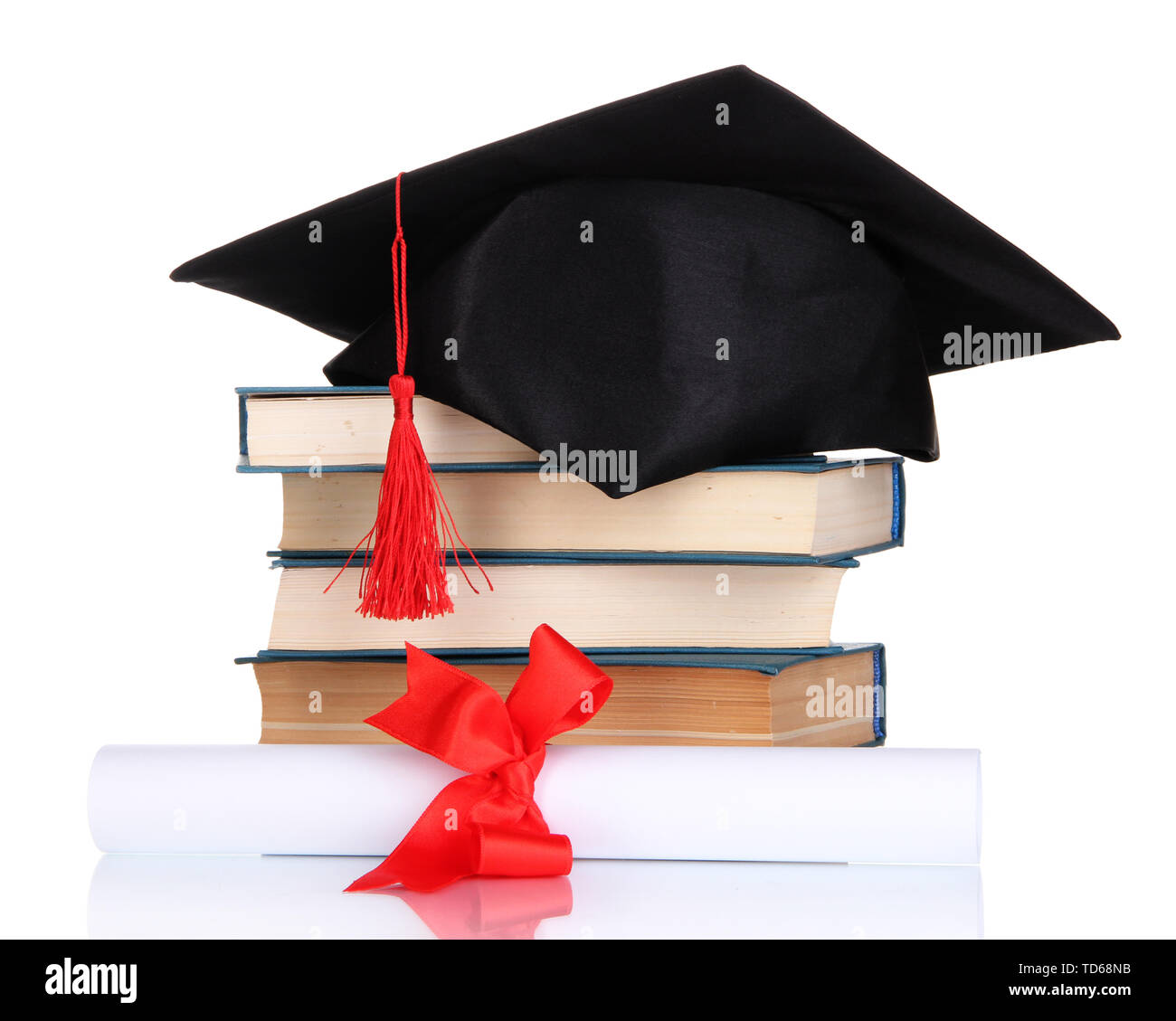 Grad hat with diploma and books isolated on white Stock Photo - Alamy