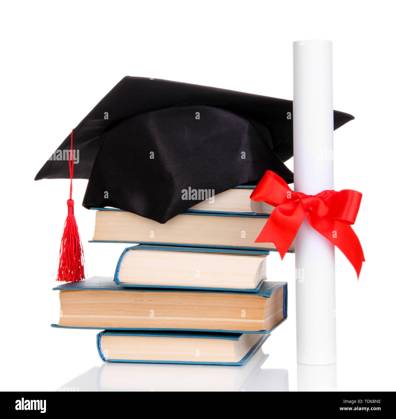 Grad hat with diploma and books isolated on white Stock Photo - Alamy