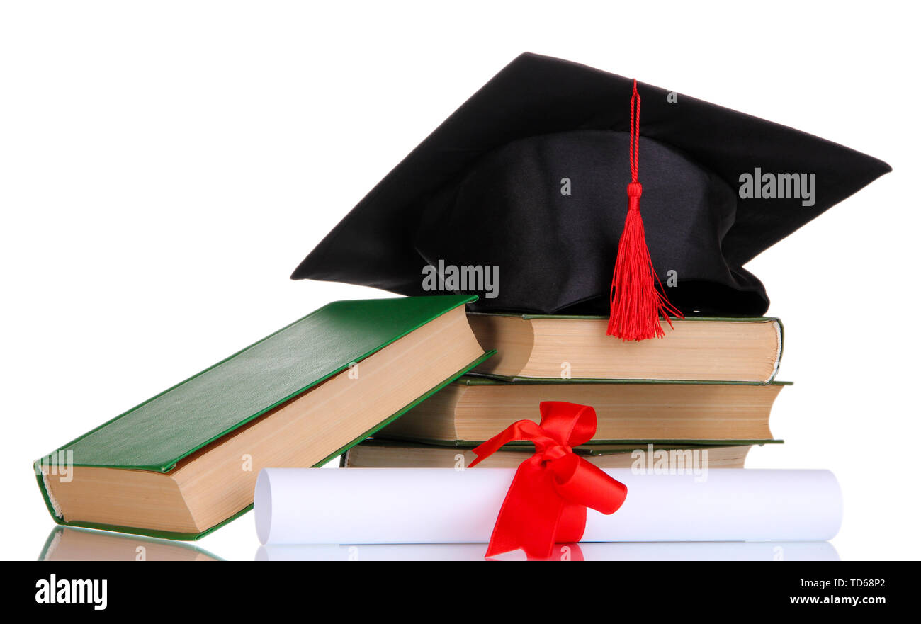 Grad hat with diploma and books isolated on white Stock Photo - Alamy