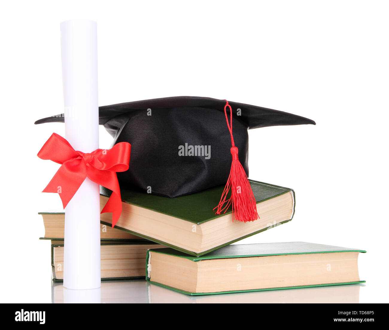 Grad hat with diploma and books isolated on white Stock Photo - Alamy