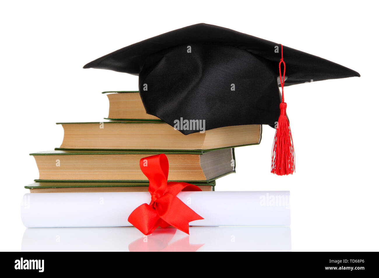 Grad hat with diploma and books isolated on white Stock Photo - Alamy