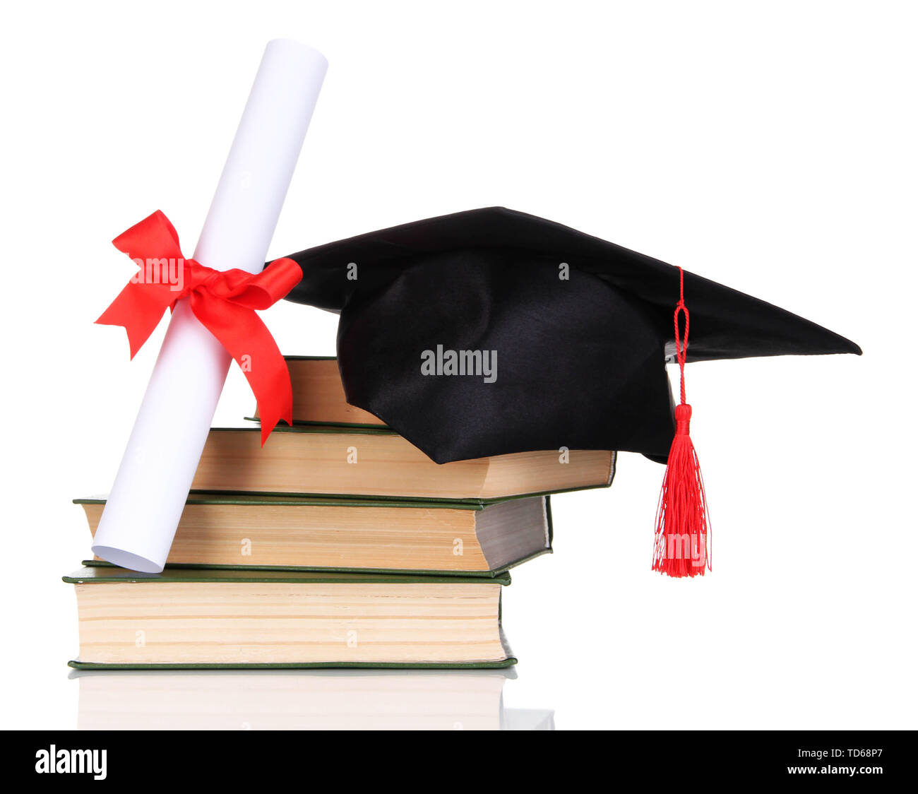 Grad hat with diploma and books isolated on white Stock Photo - Alamy