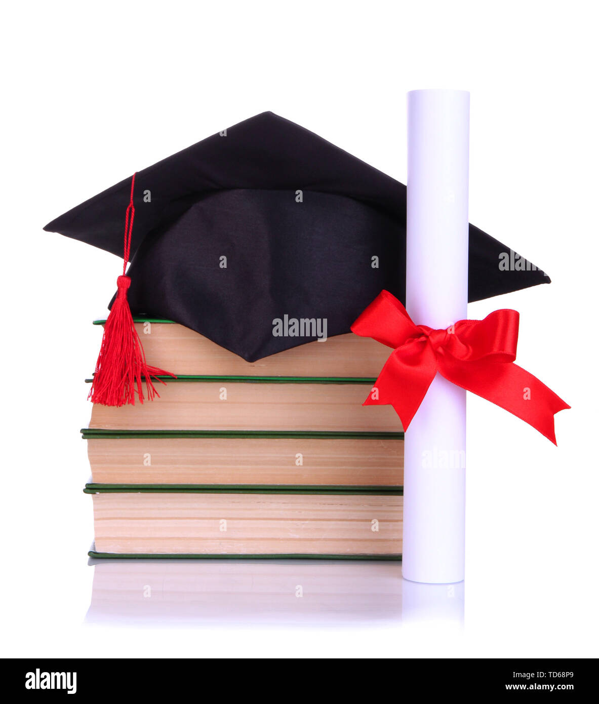 Grad hat with diploma and books isolated on white Stock Photo - Alamy