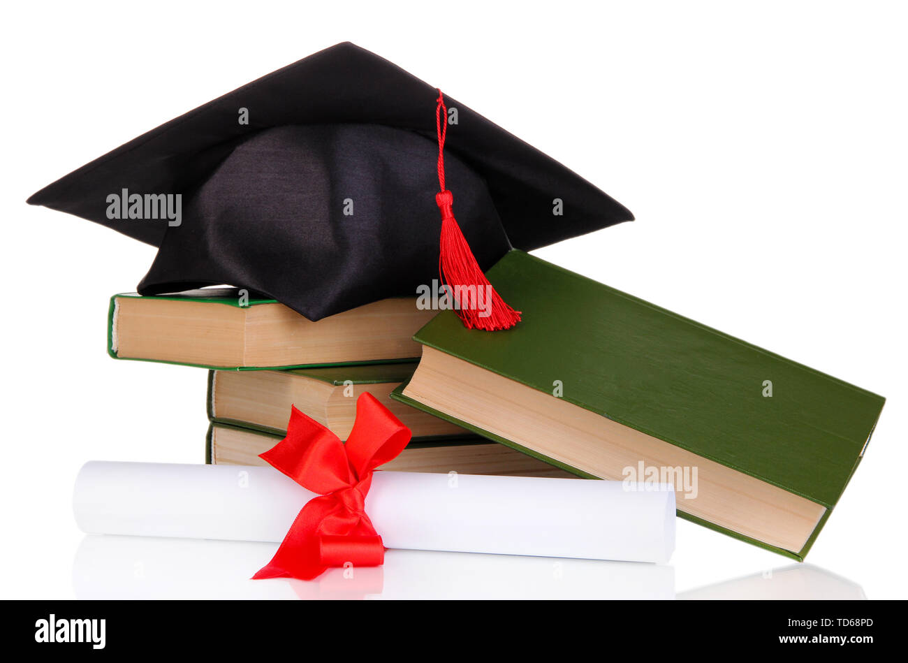 Grad hat with diploma and books isolated on white Stock Photo - Alamy