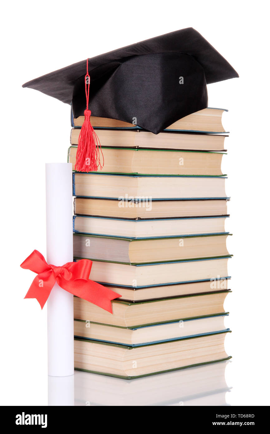 Grad hat with diploma and books isolated on white Stock Photo - Alamy