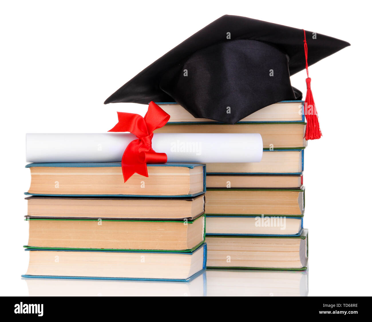 Grad hat with diploma and books isolated on white Stock Photo - Alamy