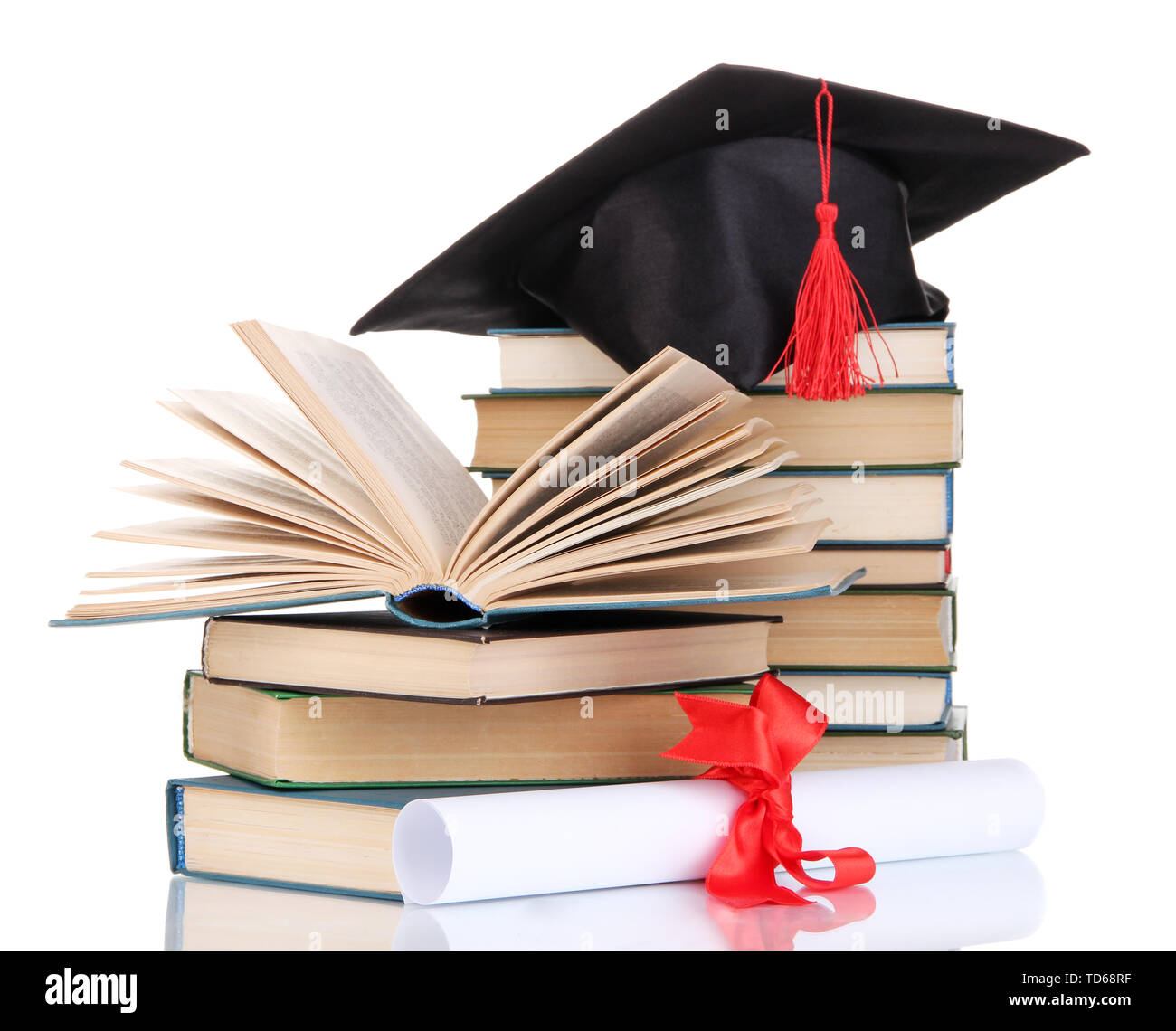 Grad hat with diploma and books isolated on white Stock Photo - Alamy