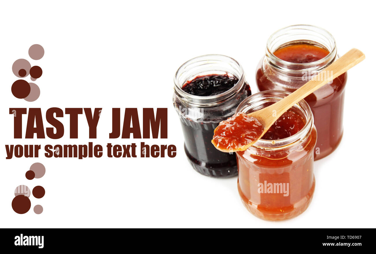 Tasty jam in banks isolated on white Stock Photo - Alamy