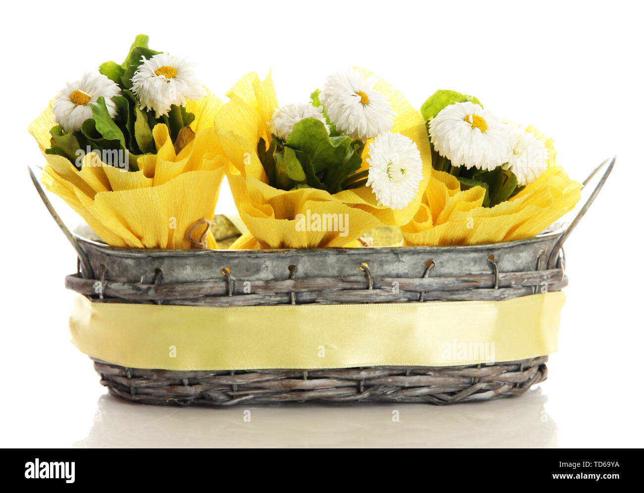Beautiful spring flowers in basket isolated on white Stock Photo - Alamy