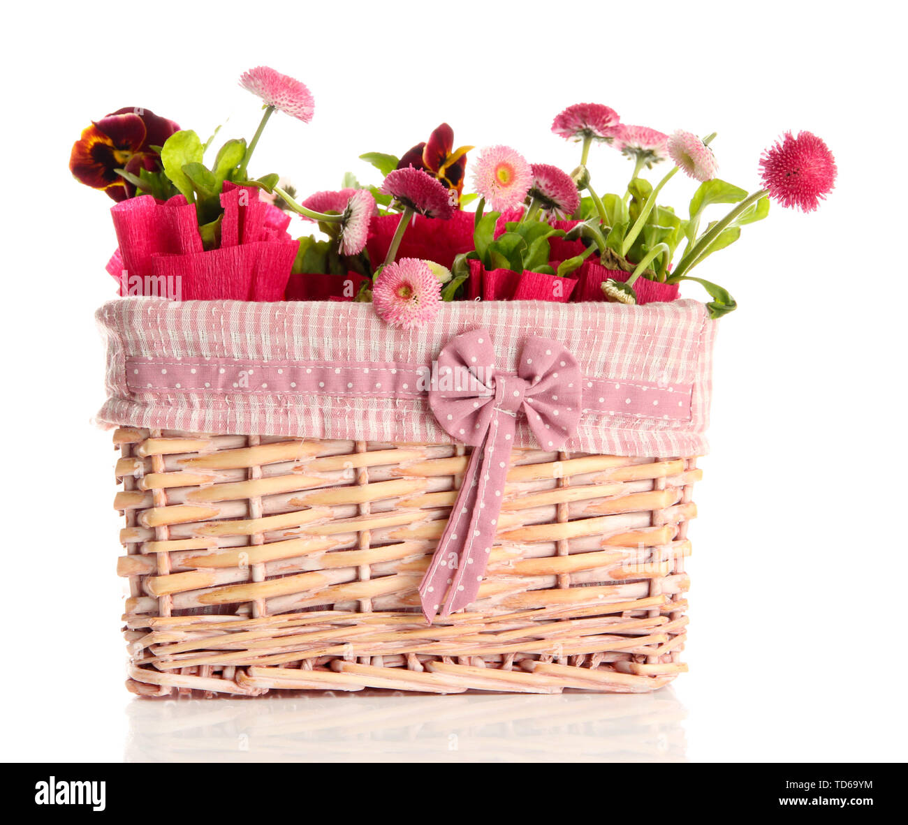 Beautiful spring flowers in basket isolated on white Stock Photo - Alamy