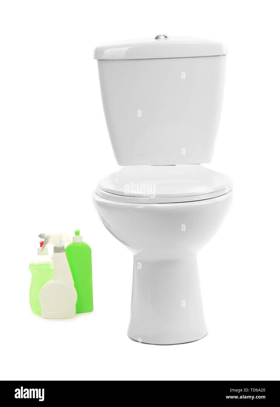 Toilet bowl and cleaning supplies, isolated on white Stock Photo - Alamy