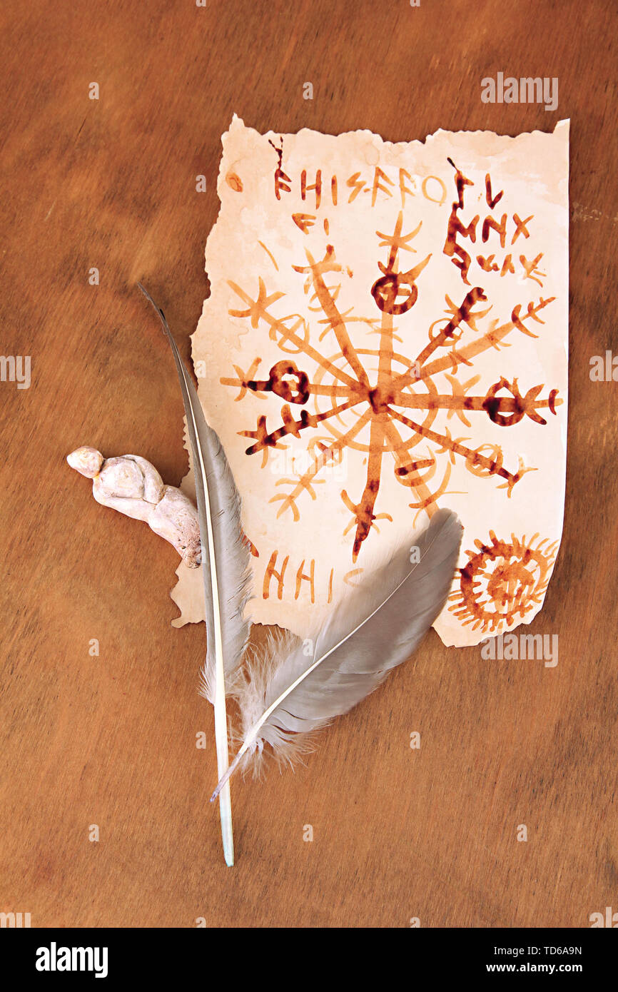 Old paper with symbols, on wooden background Stock Photo - Alamy