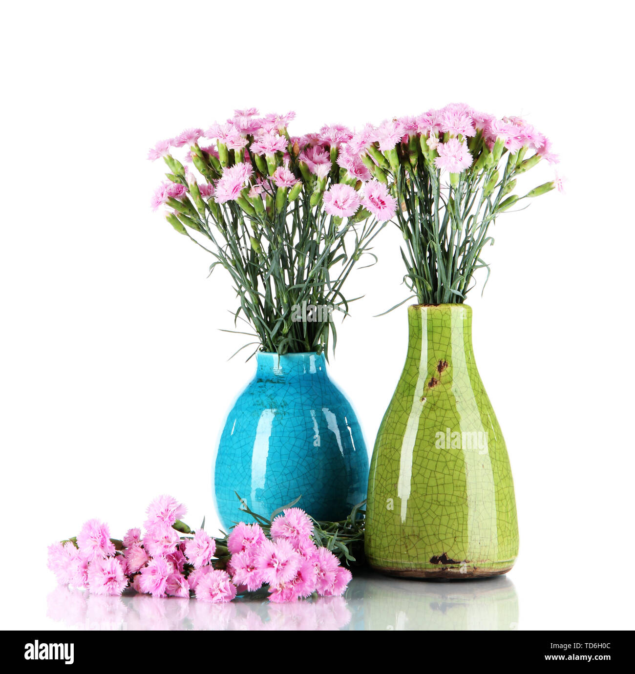 Many small pink cloves in vases isolated on white Stock Photo - Alamy