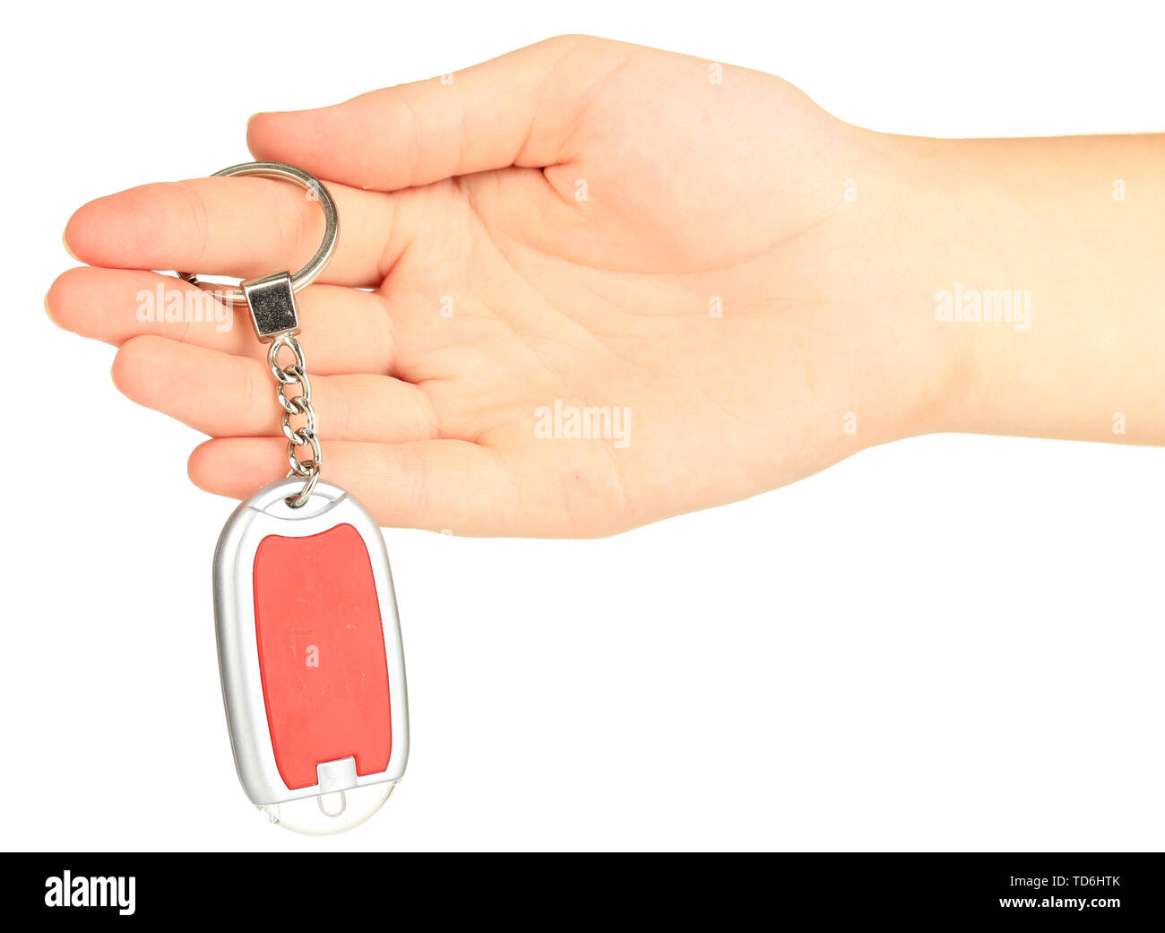 Keychain in hand isolated on white Stock Photo - Alamy