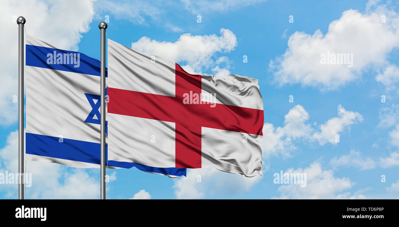 Israel and England flag waving in the wind against white cloudy blue ...