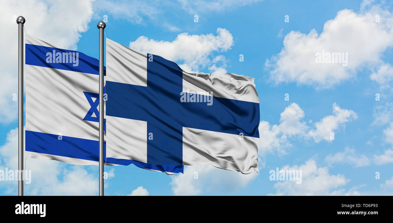 Israel and Finland flag waving in the wind against white cloudy blue ...