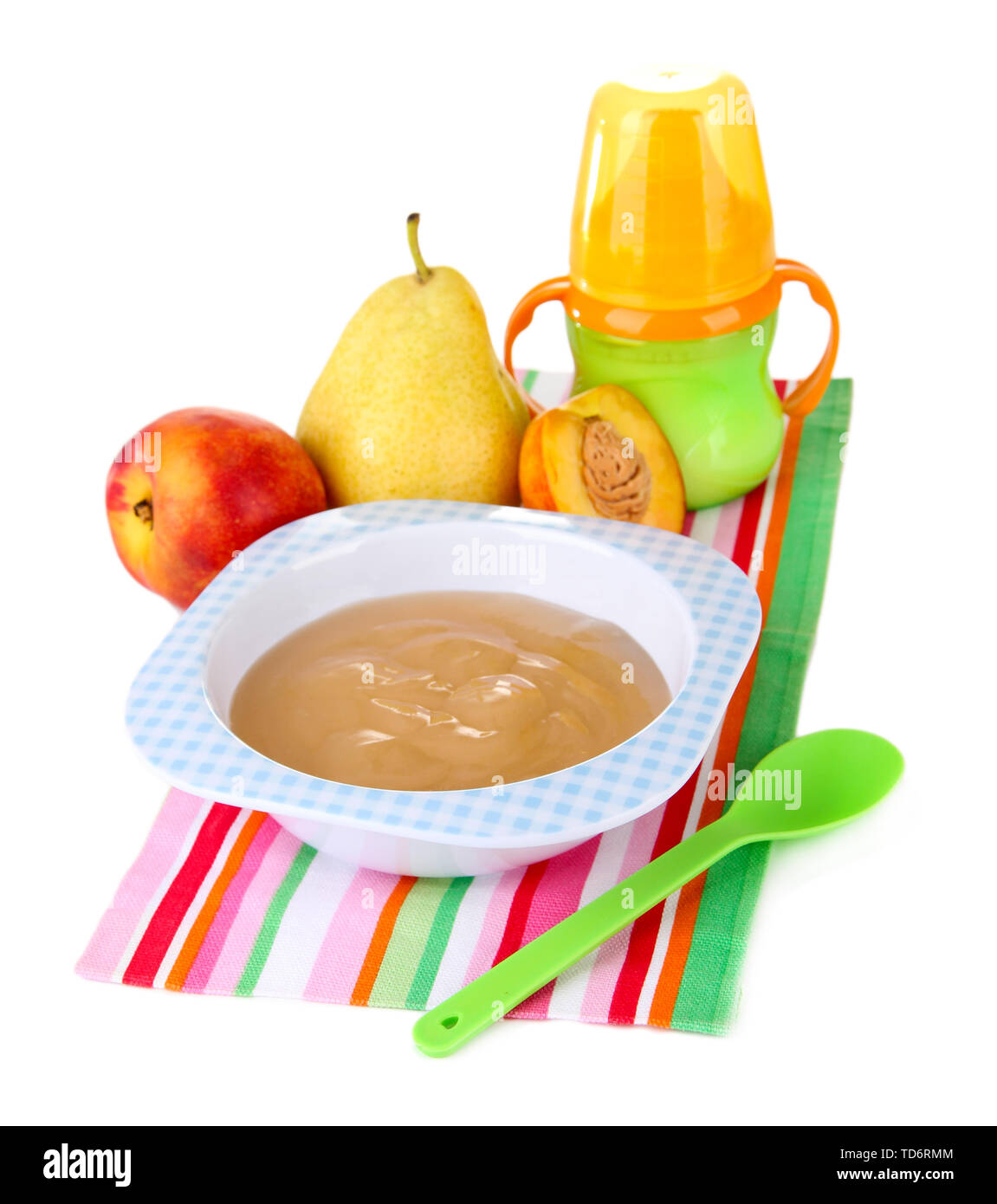 Tasty baby fruit puree and baby bottle isolated on white Stock Photo ...