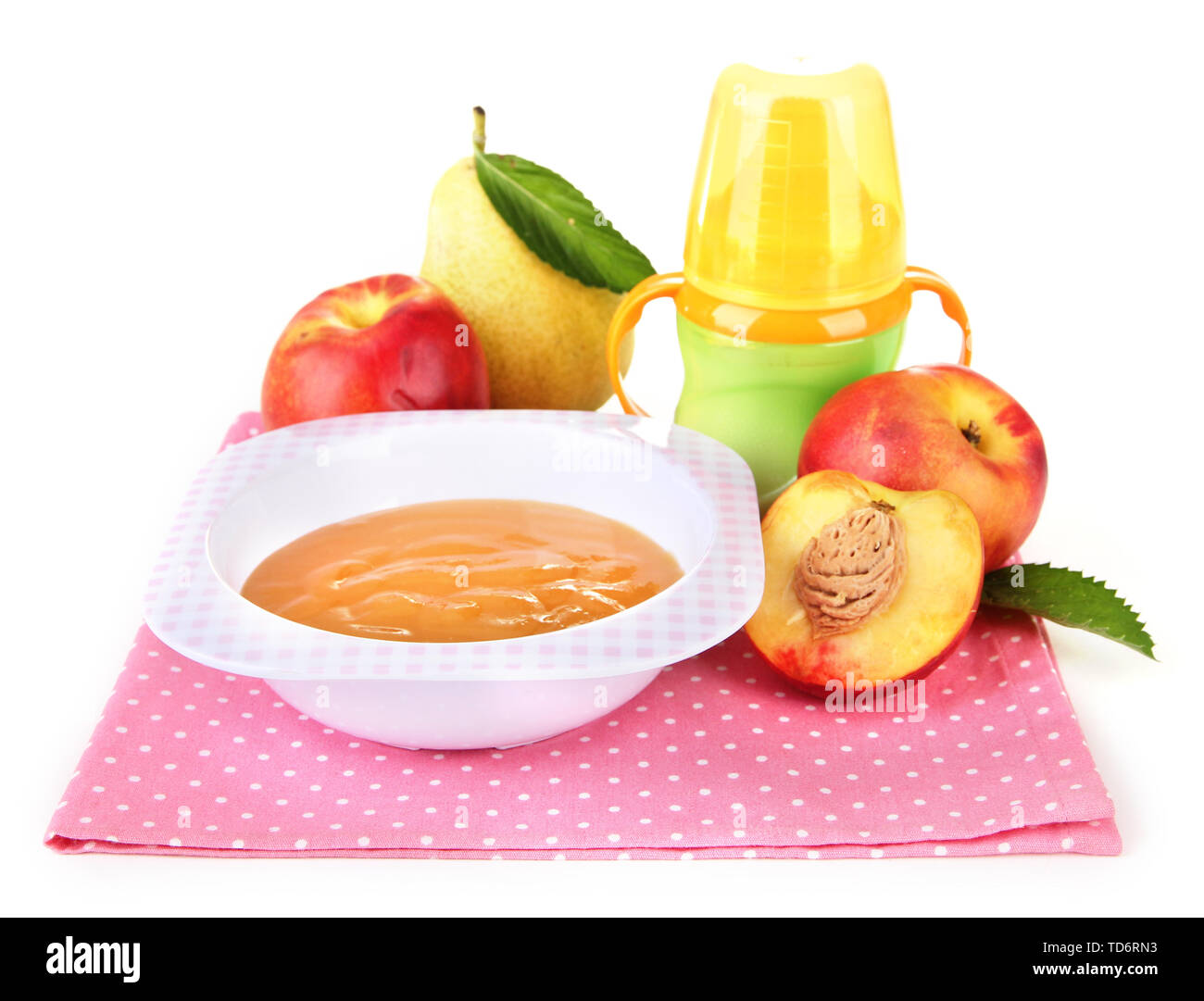 Tasty baby fruit puree and baby bottle isolated on white Stock Photo ...