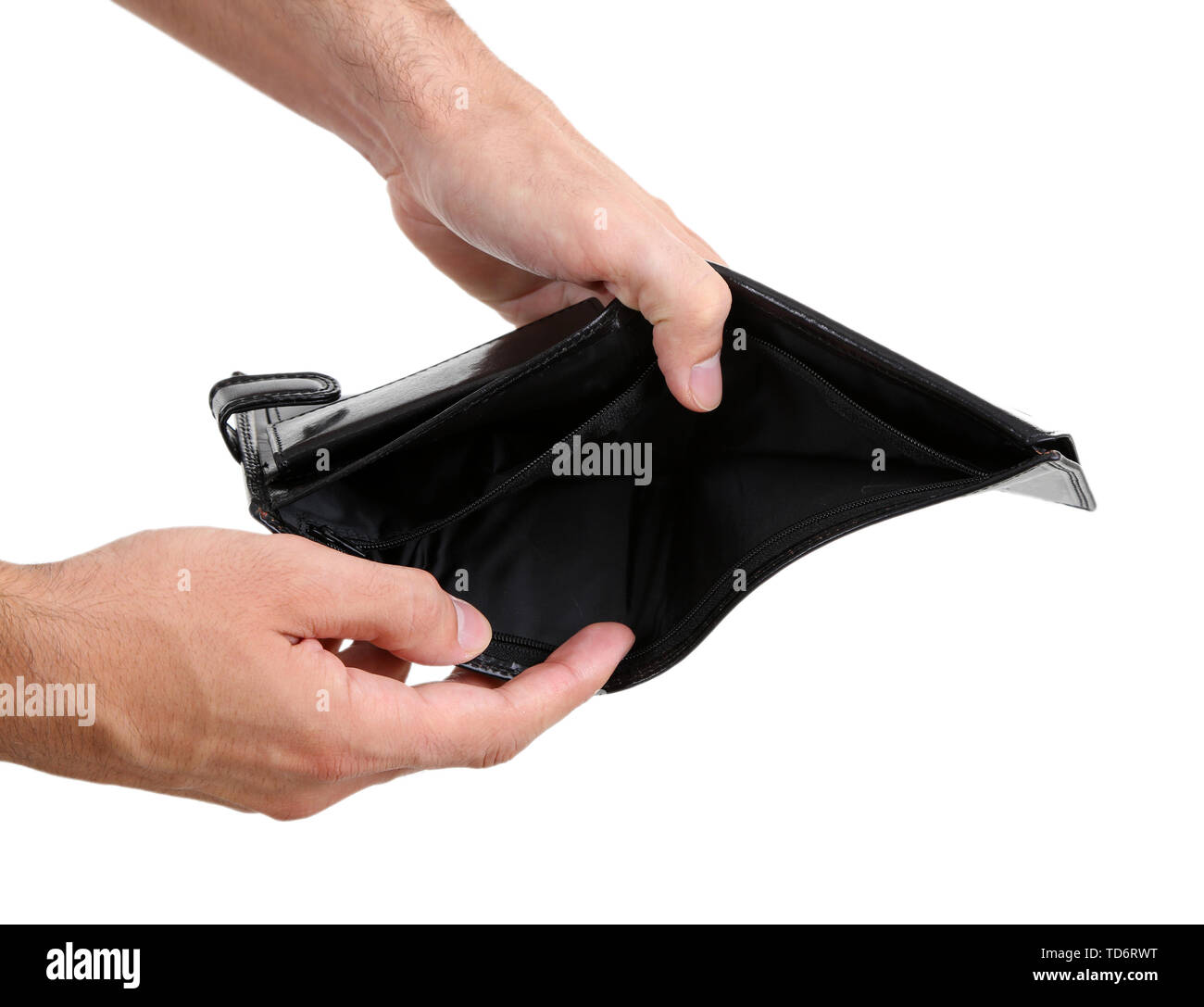 Man showing his empty purse, isolated on white Stock Photo - Alamy